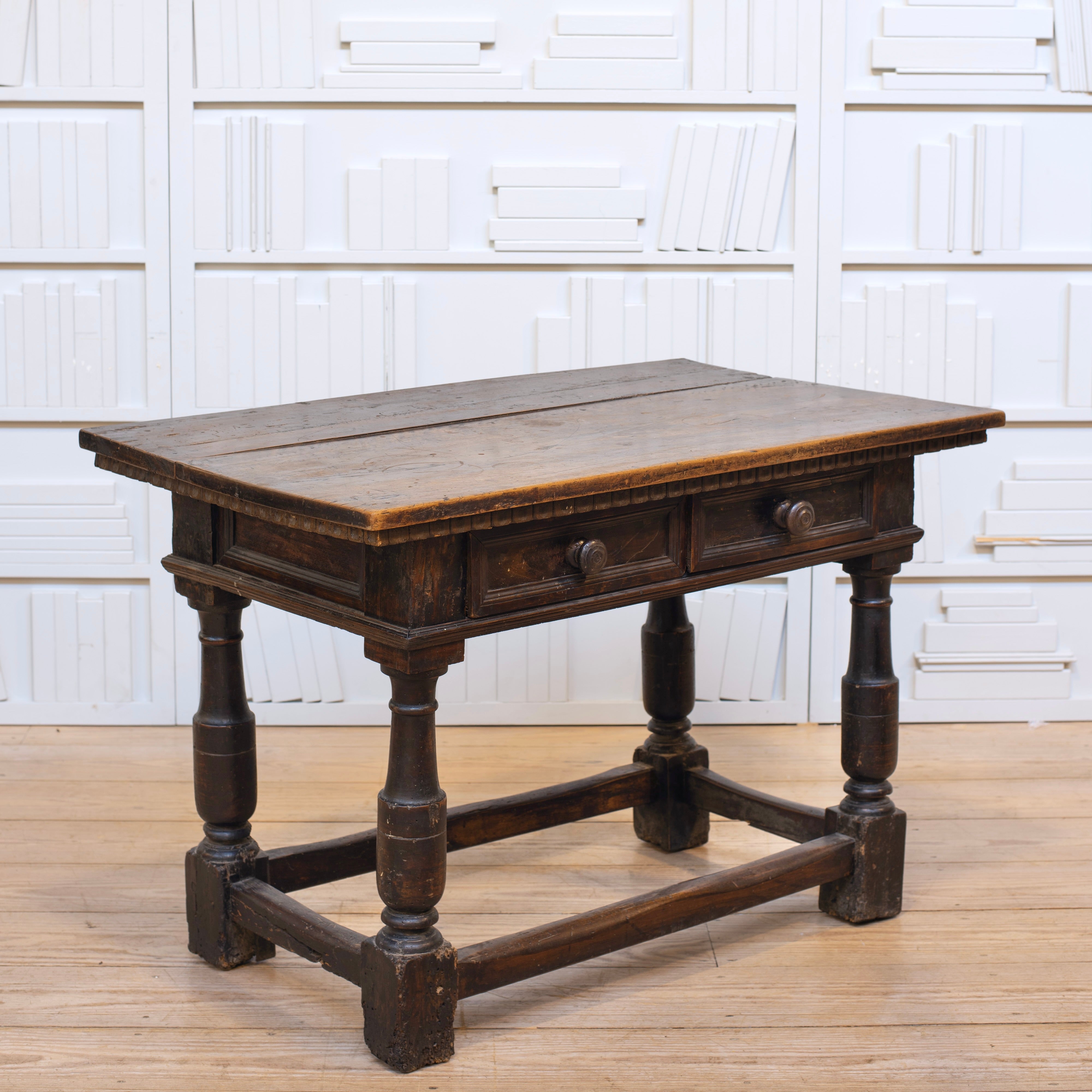 18th C. Spanish Baroque Library Table with Baluster Legs and Two Drawe ...