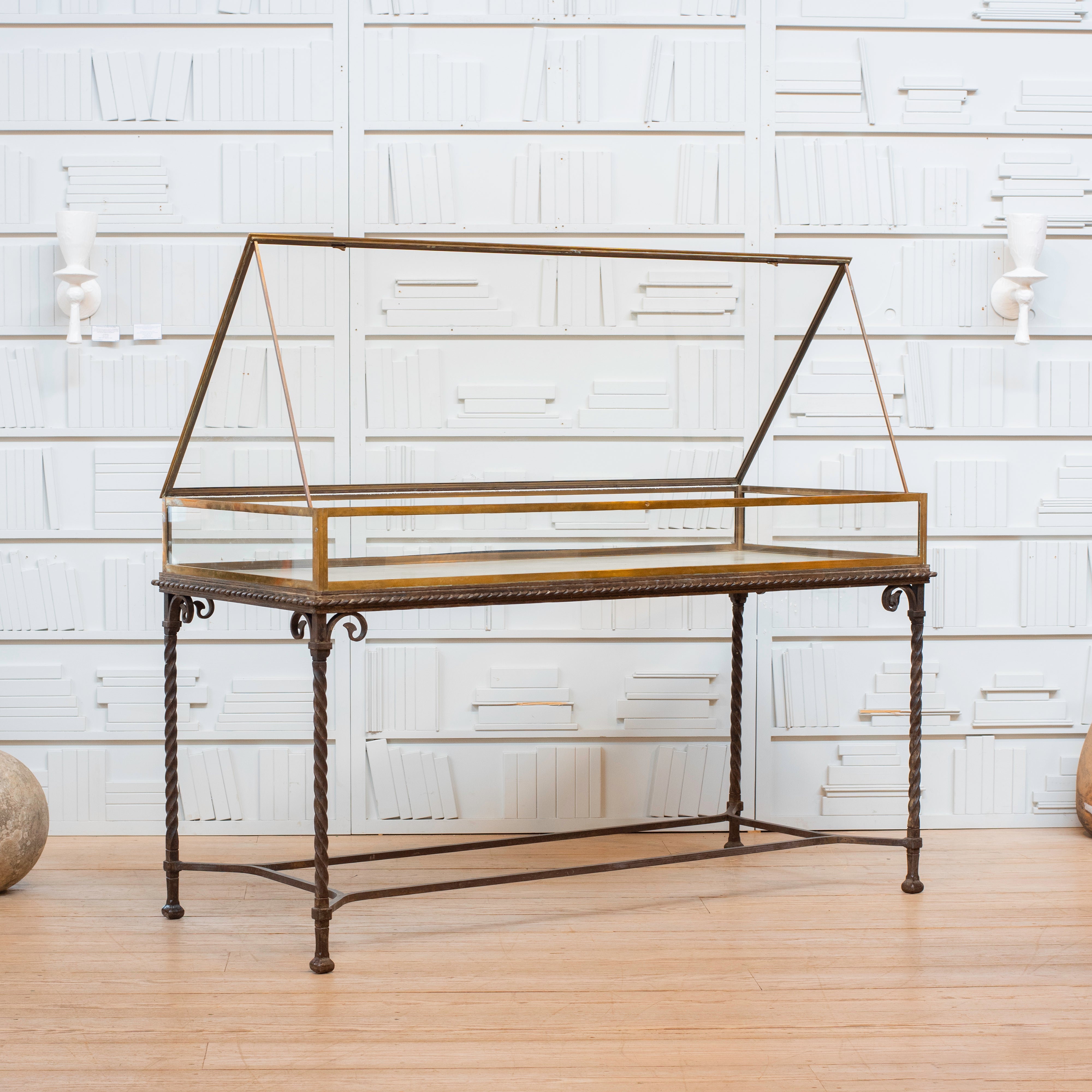 Pair Monumental Wrought Iron Display Tables with Brass Lift-Top Cases ...