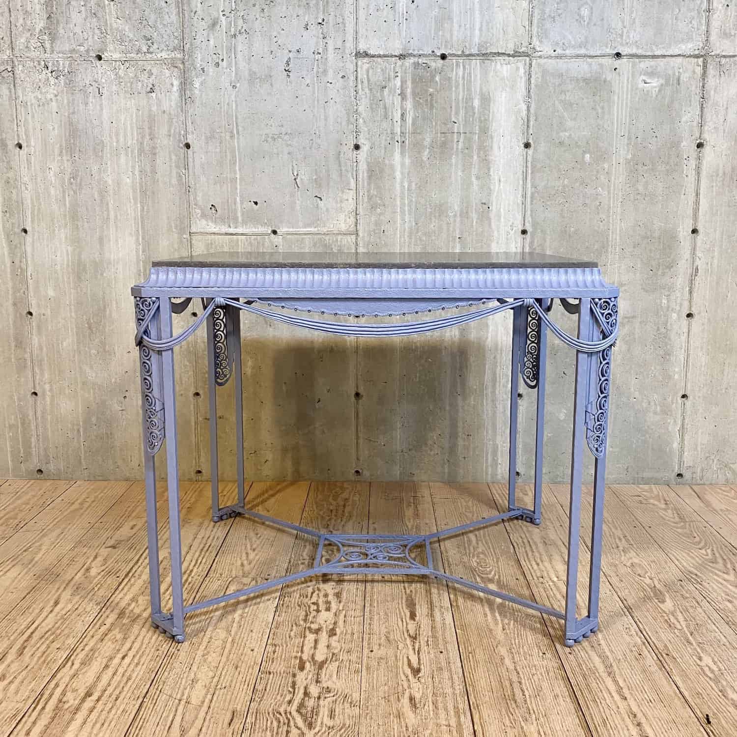 Period Art Deco Wrought Iron Center Table with Fossilized Gray Stone T ...