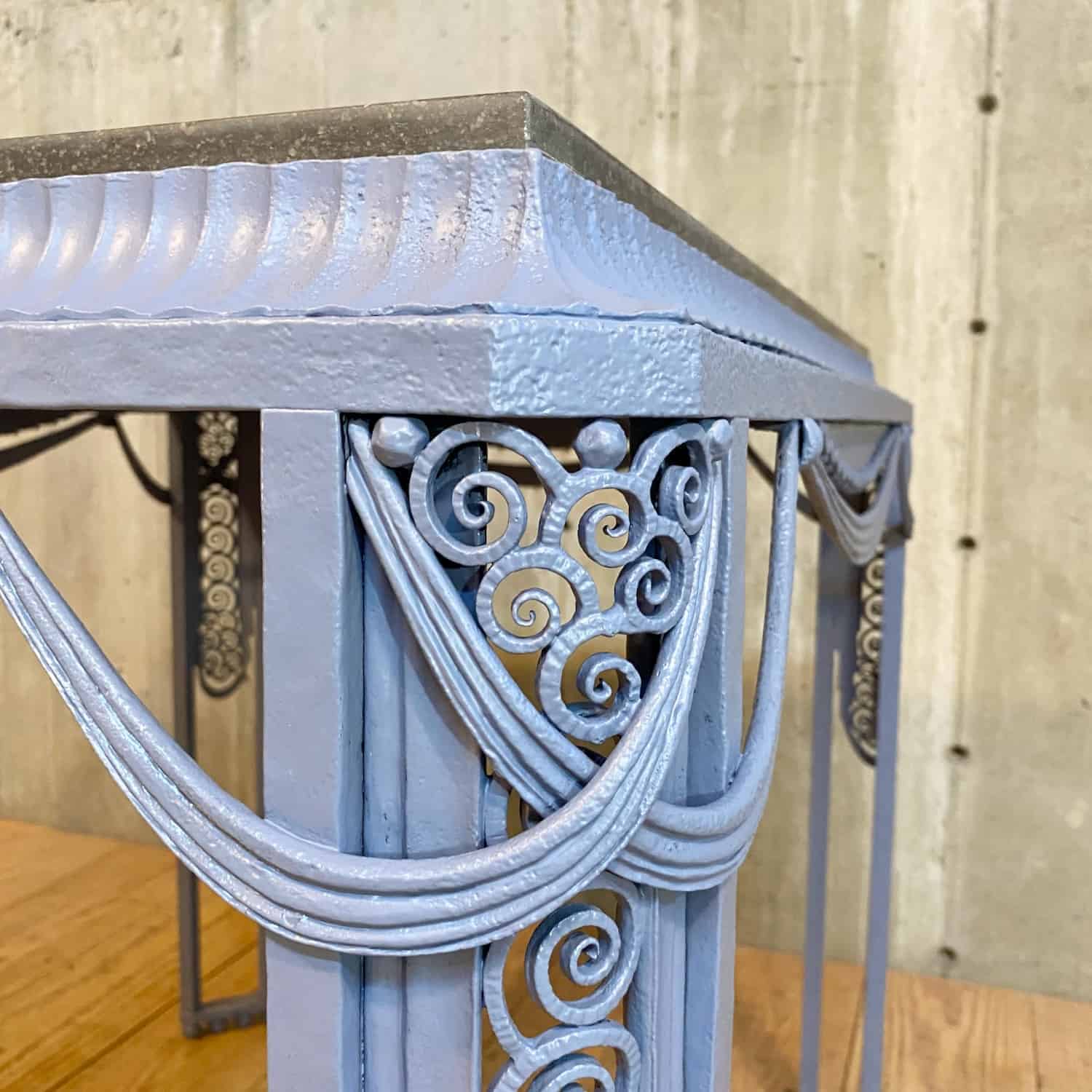 Period Art Deco Wrought Iron Center Table with Fossilized Gray Stone T ...