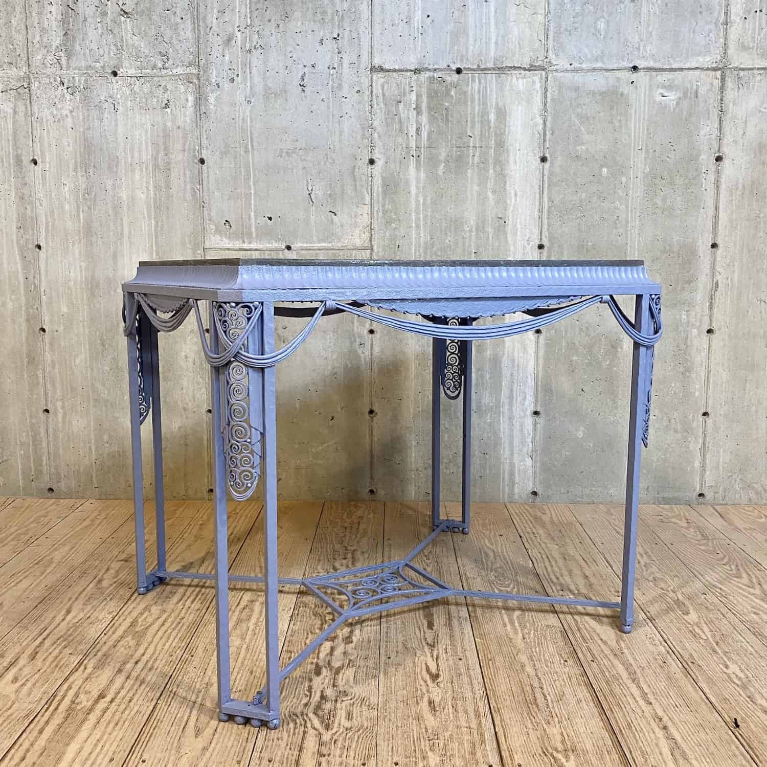 Period Art Deco Wrought Iron Center Table with Fossilized Gray Stone T ...