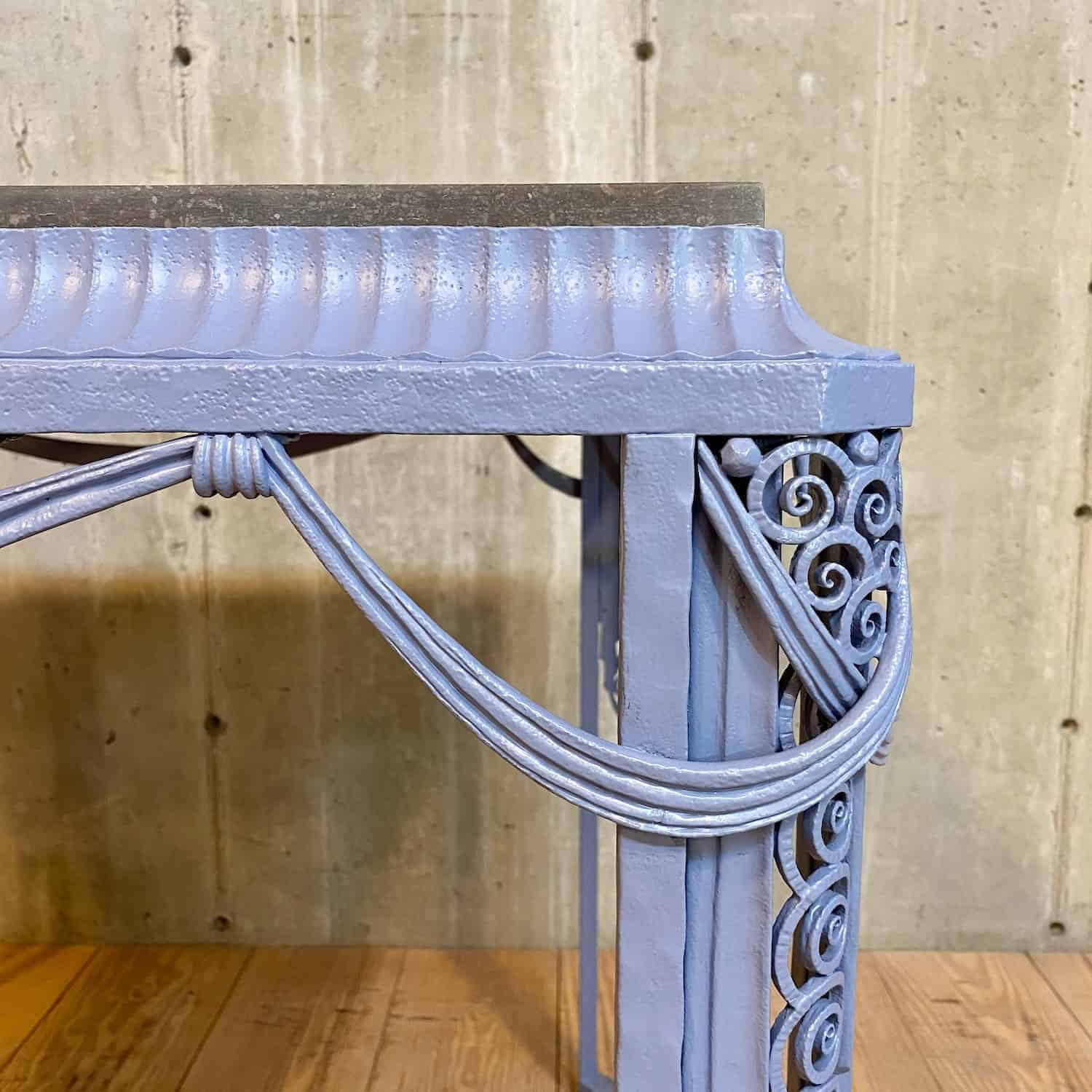 Period Art Deco Wrought Iron Center Table with Fossilized Gray Stone T ...