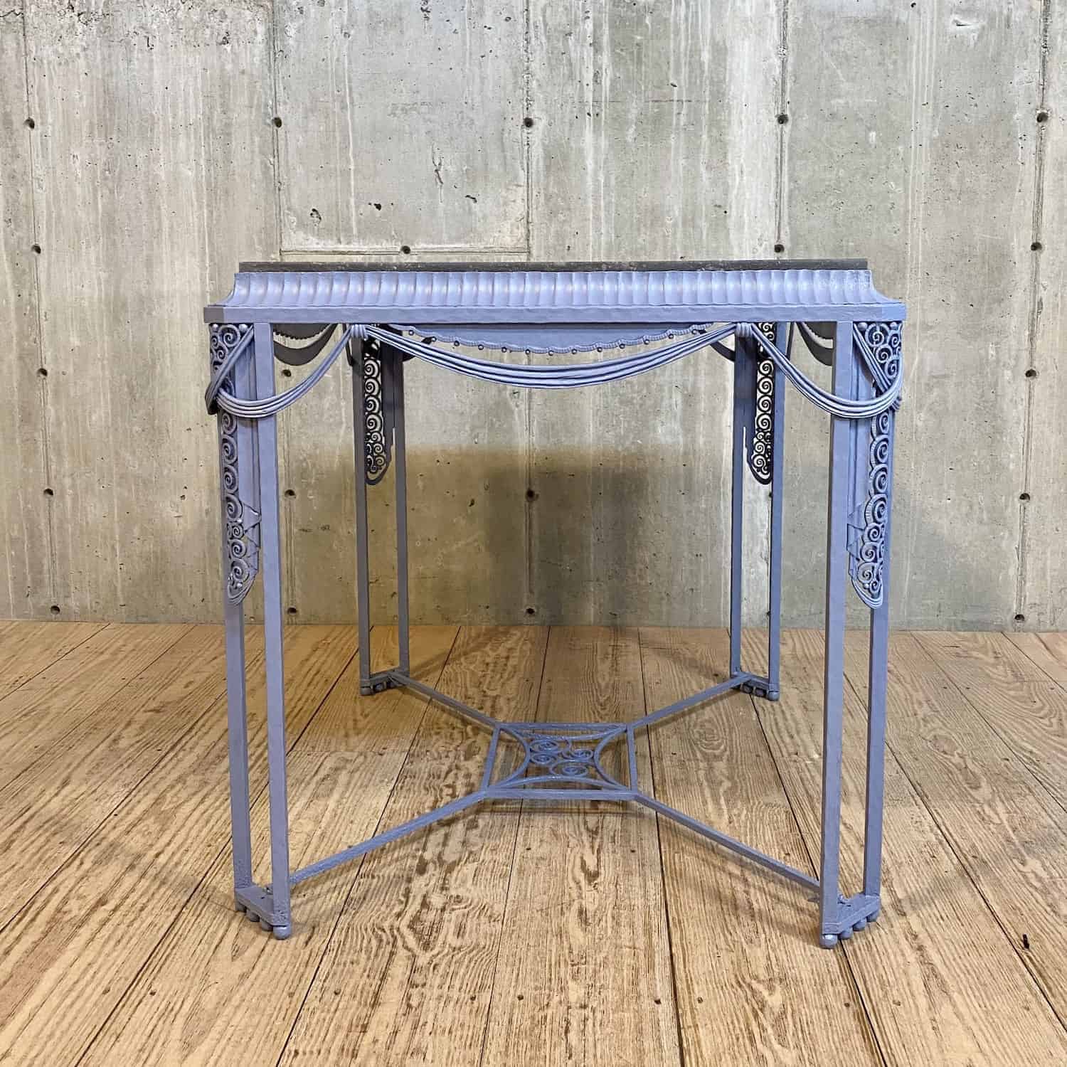 Period Art Deco Wrought Iron Center Table with Fossilized Gray Stone T ...